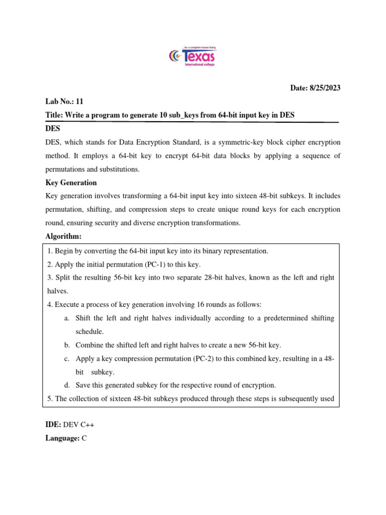 DES Subkey Generation in C Code | PDF | Cryptography | Programming