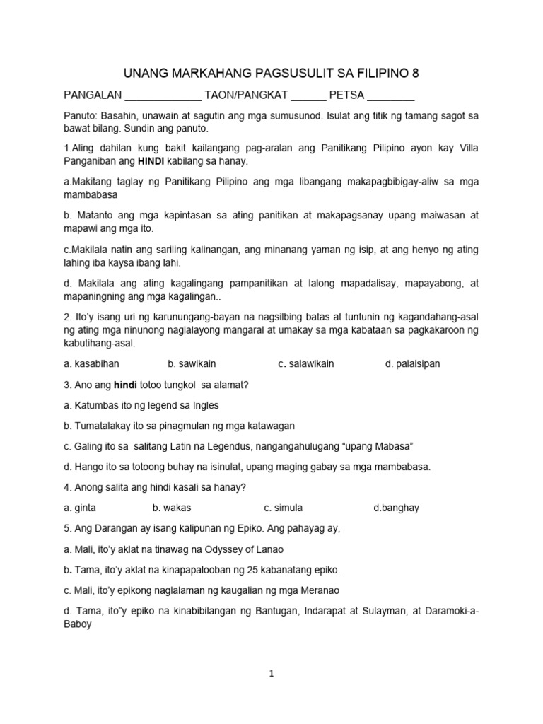 FILIPINO 8 TEST QUESTION | PDF