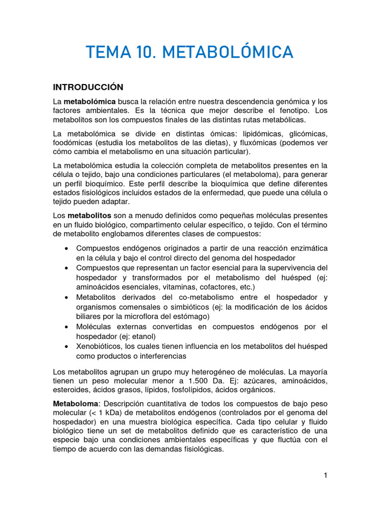 TEMA 10 Metabolómica | Descargar gratis PDF | La metabolómica | Metabolismo