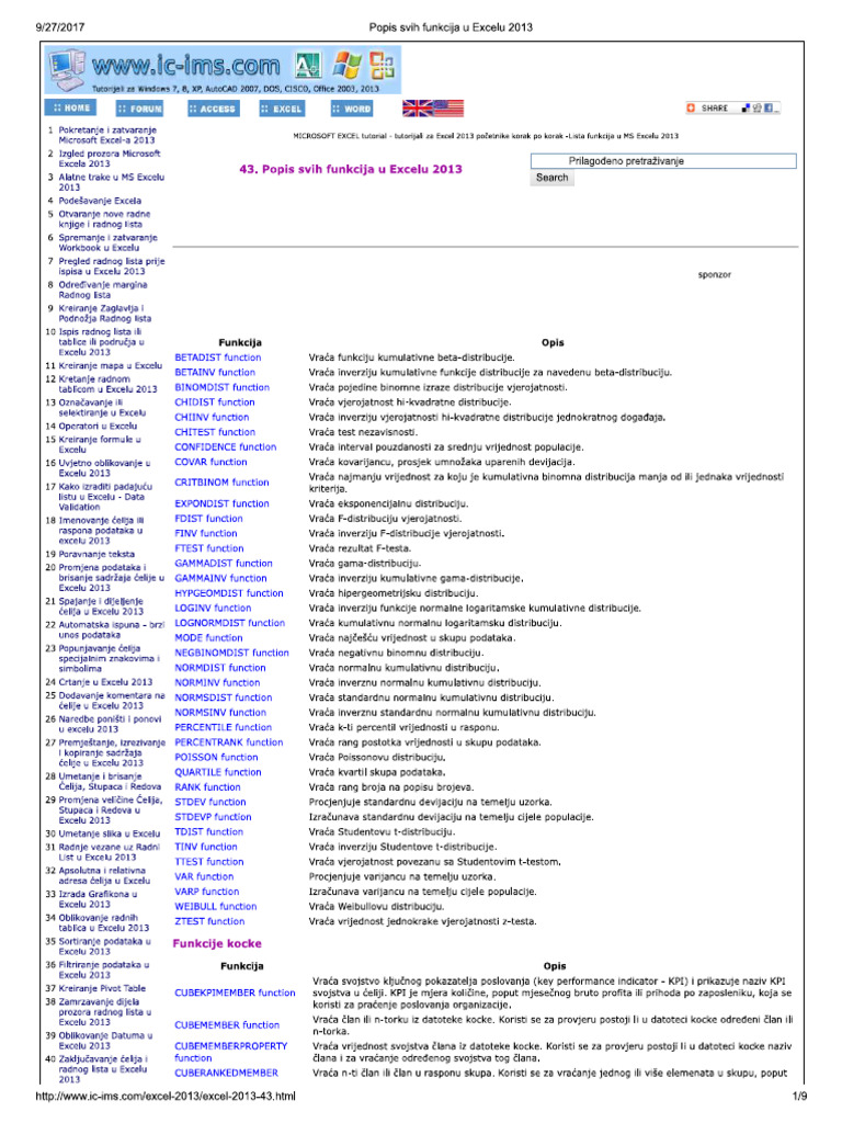 Popis Svih Funkcija U Excelu 2013 | PDF