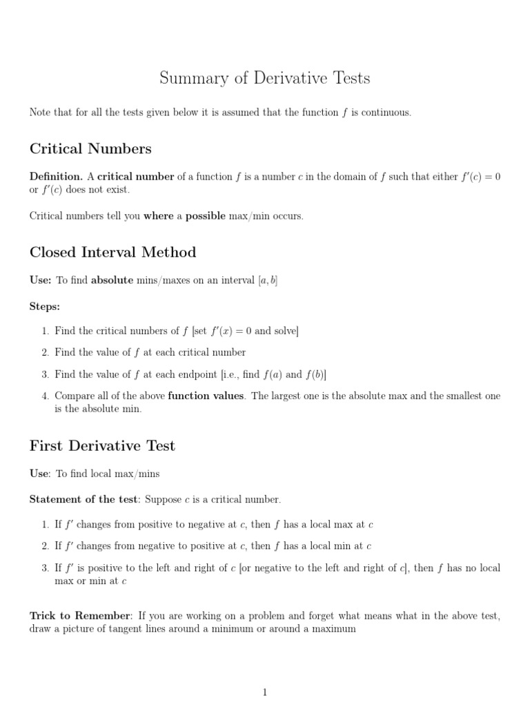 Derivative Tests Summary Copy | PDF | Theoretical Computer Science ...