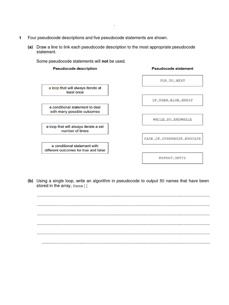 1 (A) Draw A Line To Link Each Pseudocode Description To The Most ...