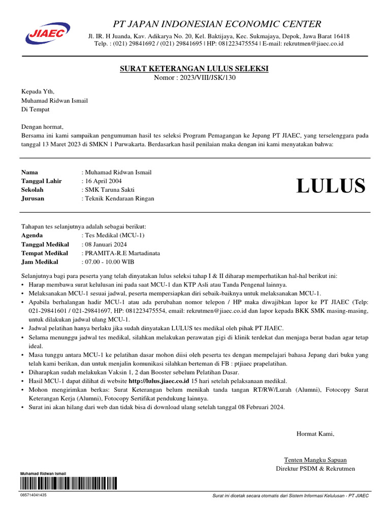 Surat-Kelulusan - (Muhamad Ridwan Ismail) | PDF