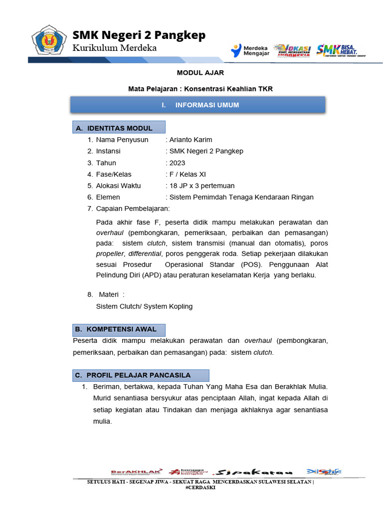 Modul Ajar Elemen Sasis Pemindah Tenaga Kendaraan Ringan | PDF