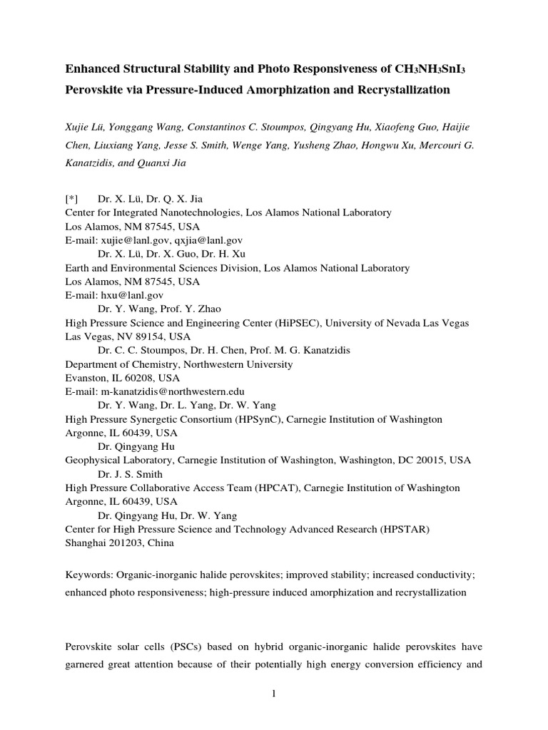 Enhanced Structural Stability and Photo Responsiveness of CH NH Sni ...