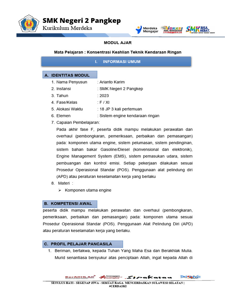 Modul Ajar Komponen Utama Engine | PDF