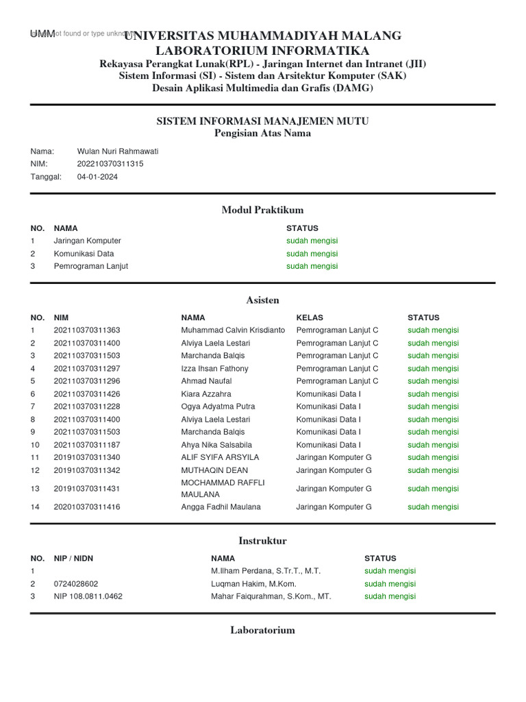 Universitas Muhammadiyah Malang Laboratorium Informatika: NO. Nama ...