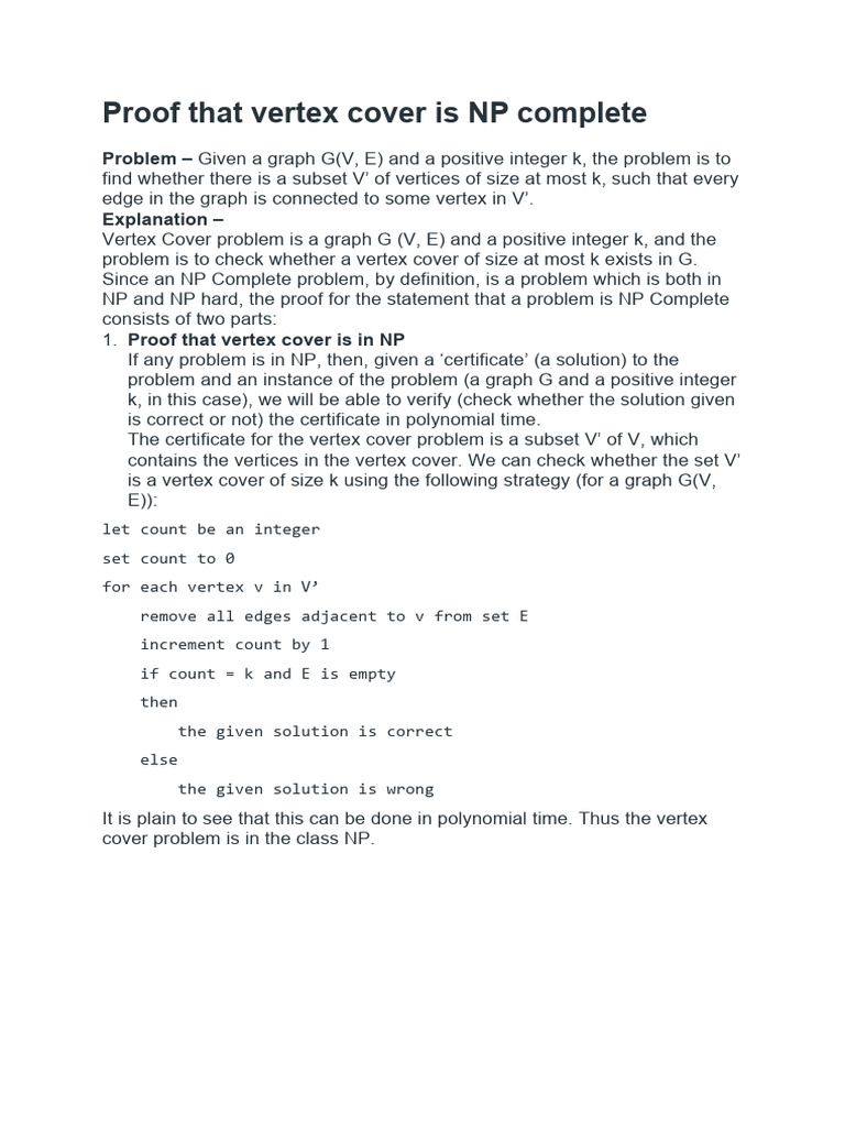 Proof That Vertex Cover Is NP Complete | PDF