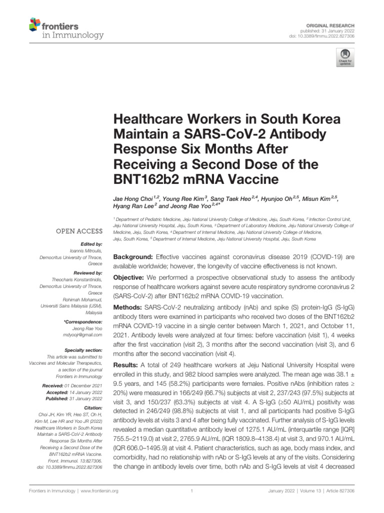 47 Healthcare Workers in South Korea Maintain A SARS-CoV-2 Antibody Response Six Months After ...