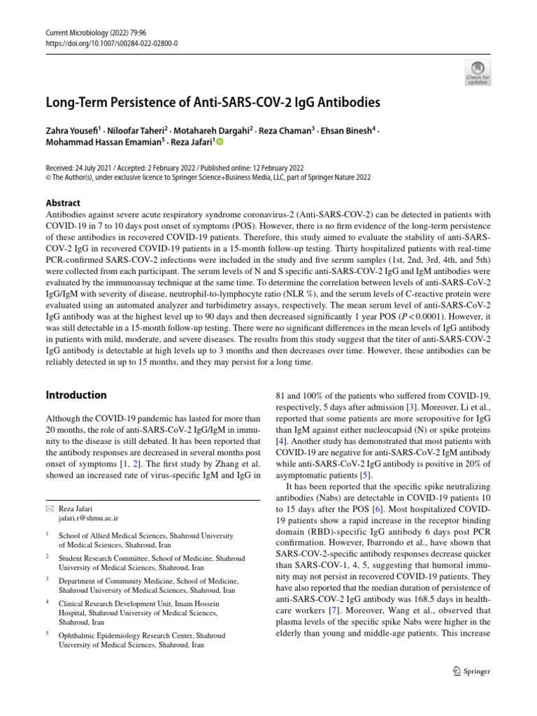 Long Term Persistence of Anti SARS COV 2 IgG Antibodies | PDF