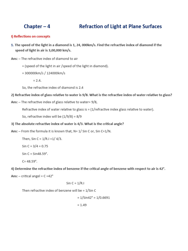 Ch-4, Refractionof The Light at Plane Surfaces | PDF | Refraction | Reflection (Physics)