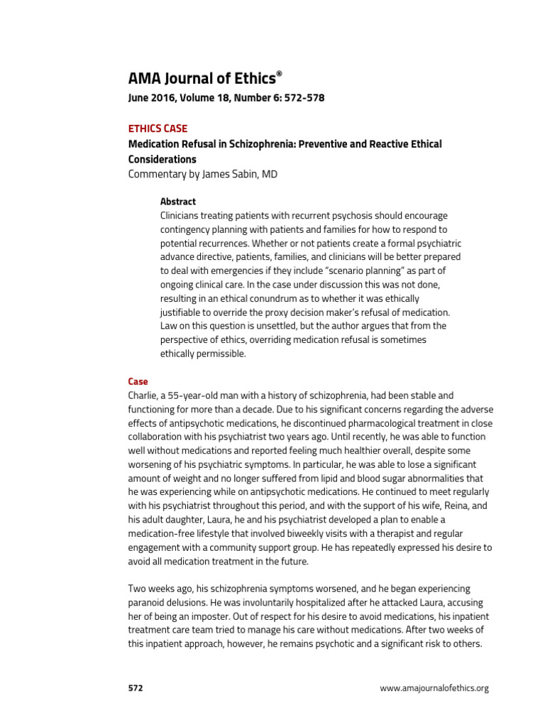 Medication Refusal in Schizophrenia Preventive and Reactive Ethical | PDF