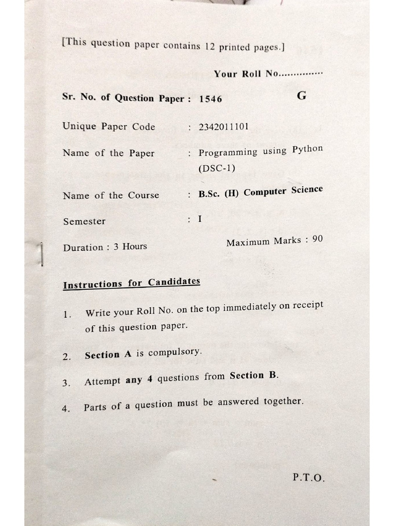 Question Paper Python Sem1 Krishna Gupta | PDF