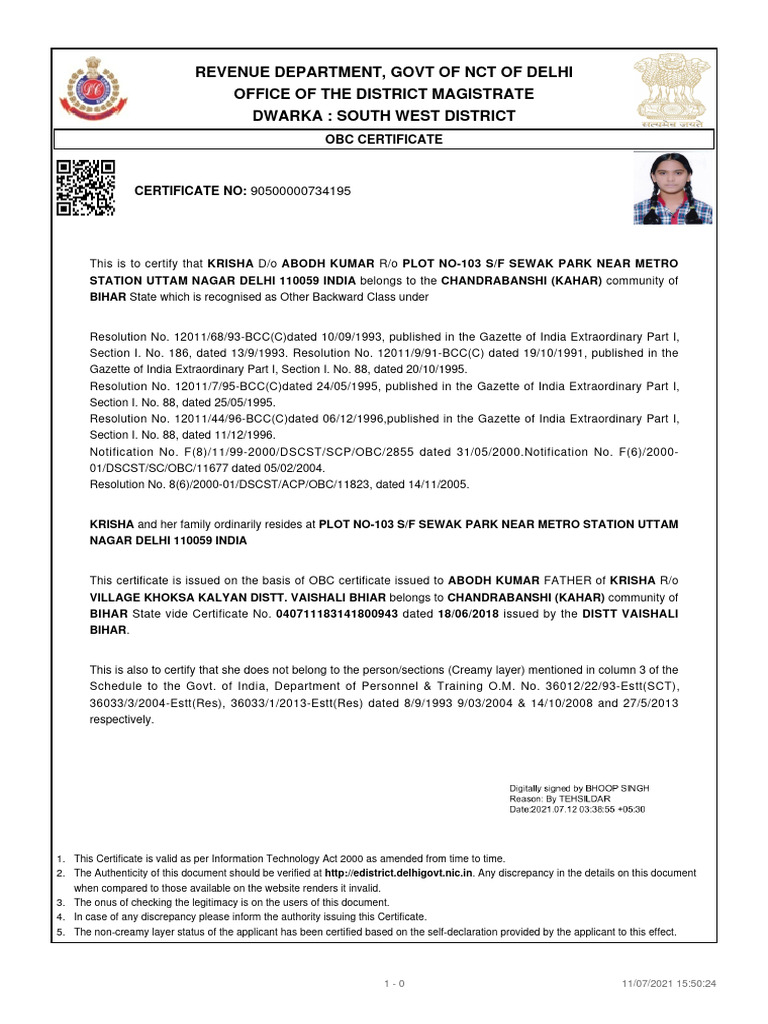 OBC Certificate Issued in Delhi | PDF