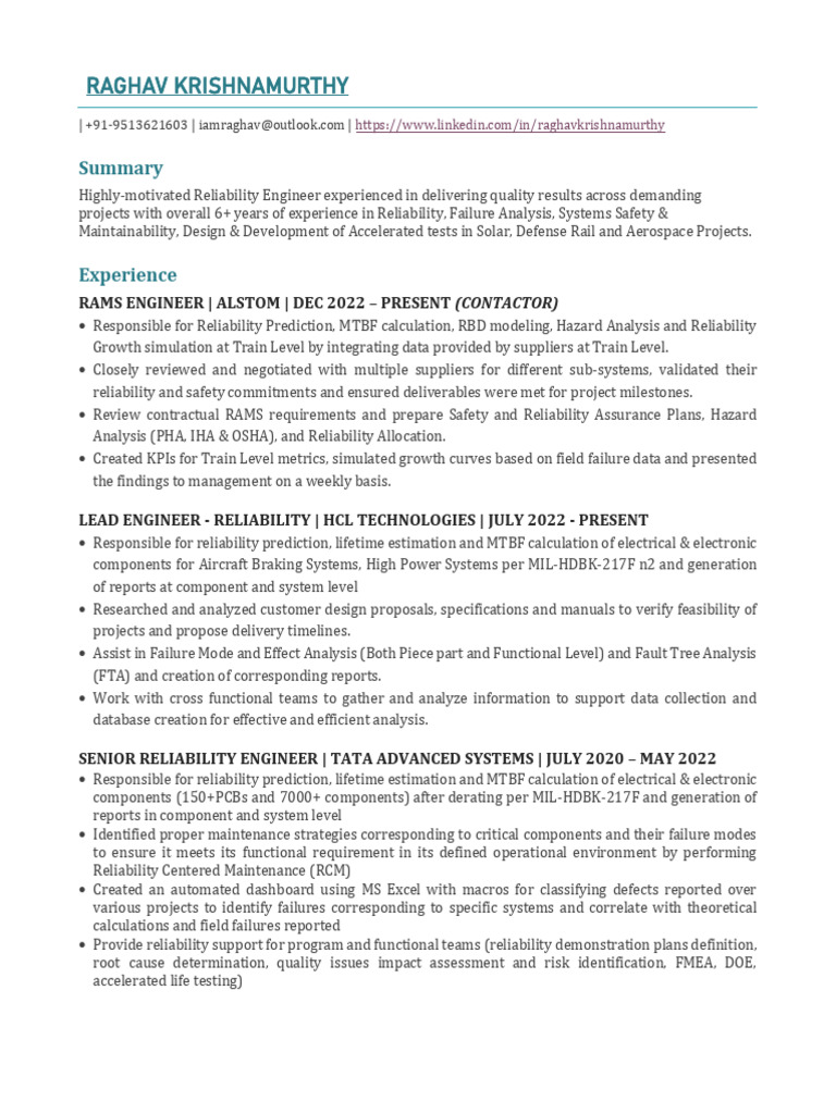 Raghav Krishnamurthy RAMS Resume 2023 | PDF | Reliability Engineering | Systems Theory