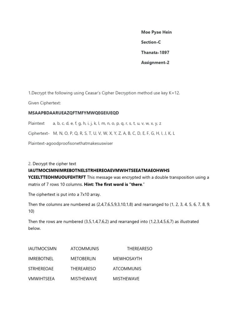 Decrypt The Following Using Ceasar's Cipher Decryption Metho | PDF
