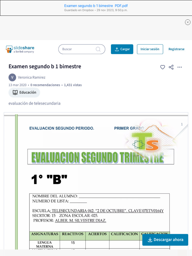 Examen Segundo B 1 Bimestre PDF | PDF