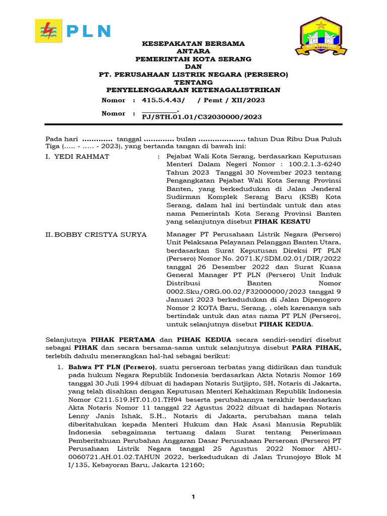 Naskah - Kesepakatan Bersama - PLN - Ketenagalistrikan-Kota-Serang - 2023 - Final - PJ | PDF
