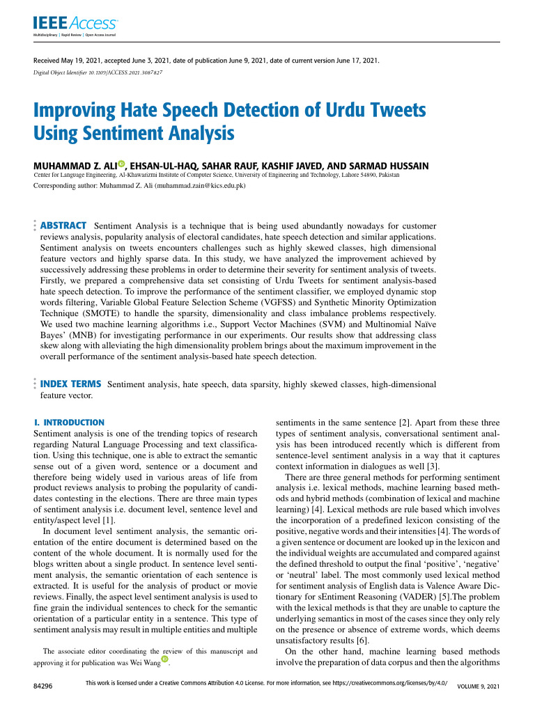 Improving Hate Speech Detection of Urdu Tweets Using Sentiment Analysis | PDF