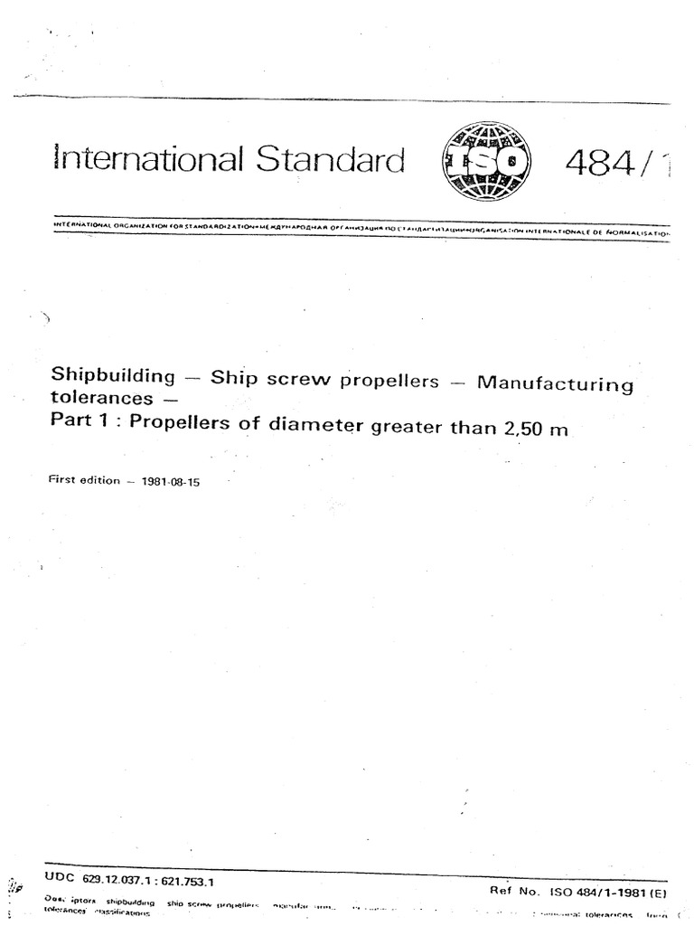 ISO 484-1-Ship Screw Propellers-Manufacturing Tolerances-Part 1, Propellers of Diameter Greater ...