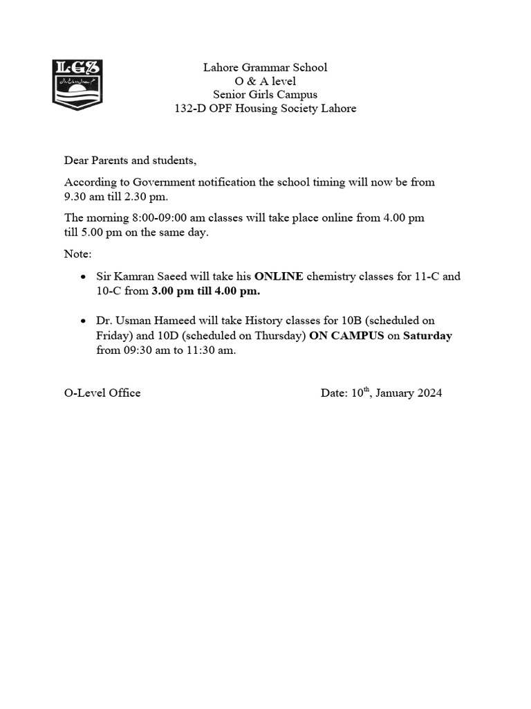 Notice For Revised School Timing (10&11) | PDF