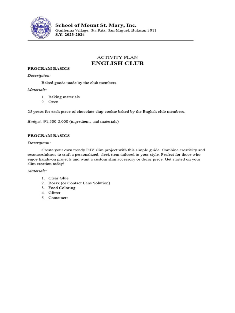 School Clubs Booth Activity Plan | PDF | Science