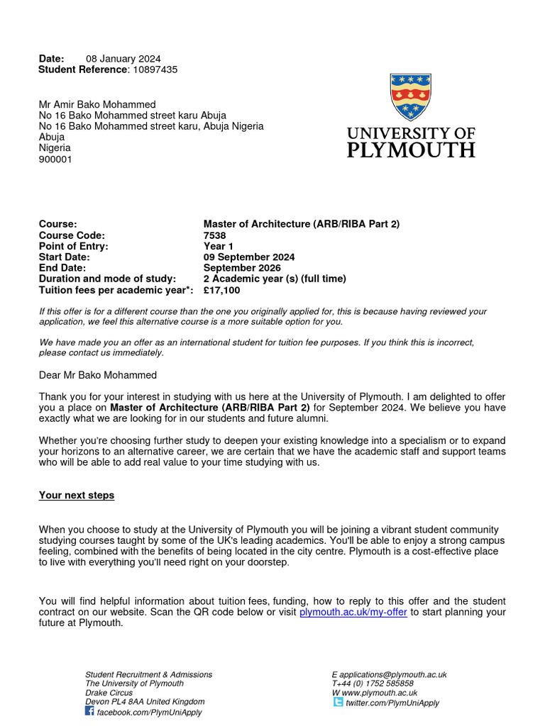University of Plymouth Offer Letter | PDF | Career & Growth | Business