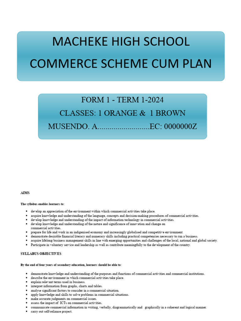 Commerce Scheme Form 1 | PDF | Educational Technology | Teachers