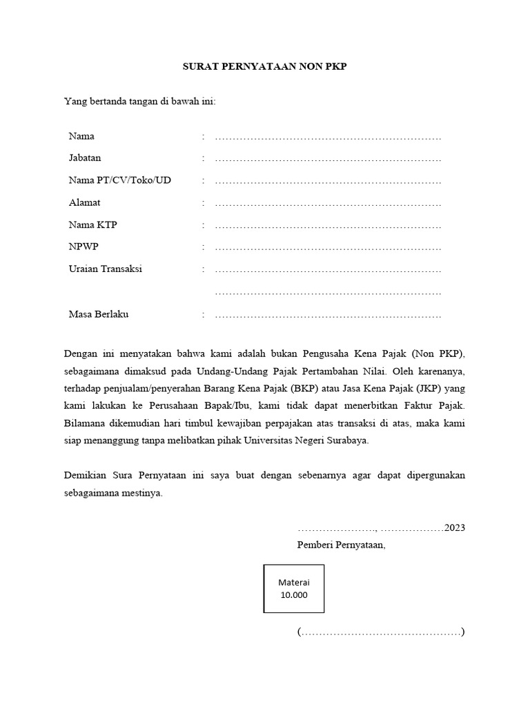 Surat Pernyataan Non PKP | PDF | Pengelolaan Keuangan & Uang