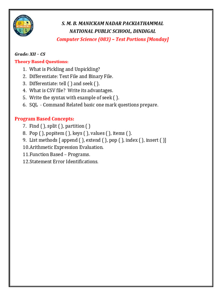 Computer Science (083) - Test Portions (Monday) : S. M. B. Manickam ...