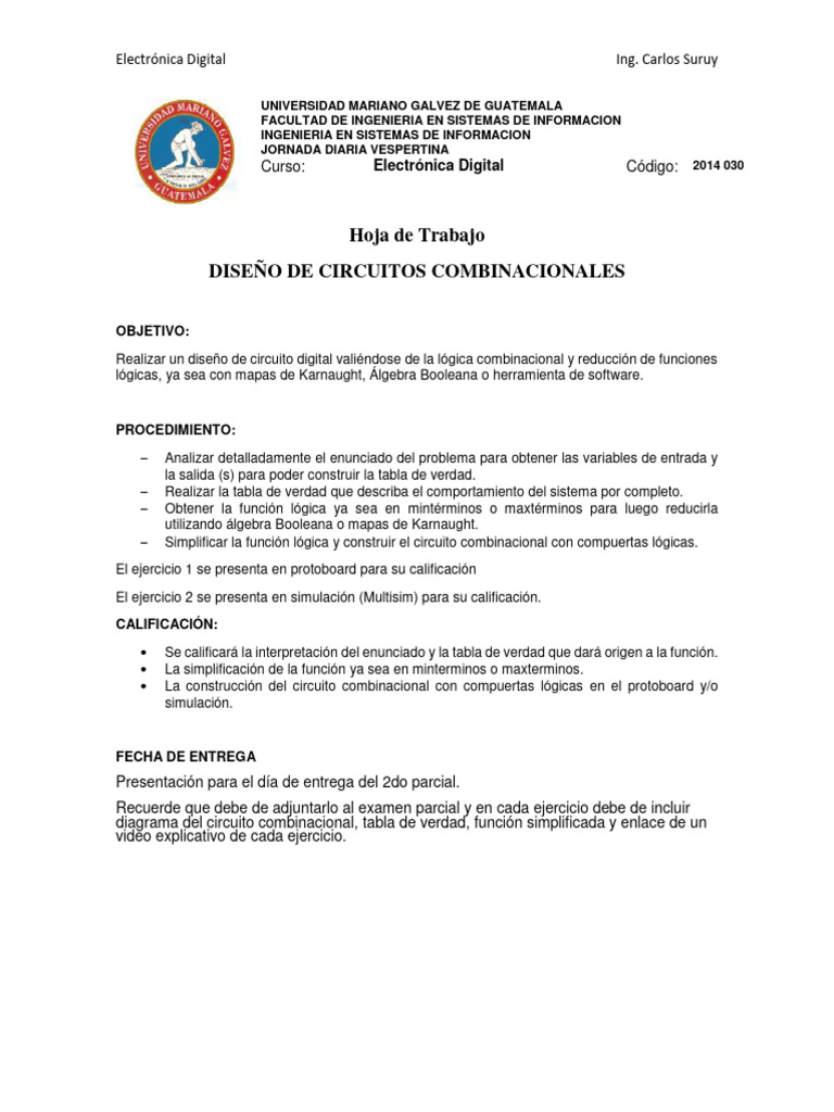 Hoja de Trabajo - Diseño Combinacional | PDF | Electrónica | Sensor