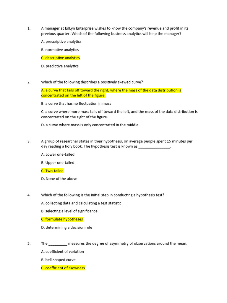 Sample Test Questions | PDF | Hypothesis | Sampling (Statistics)