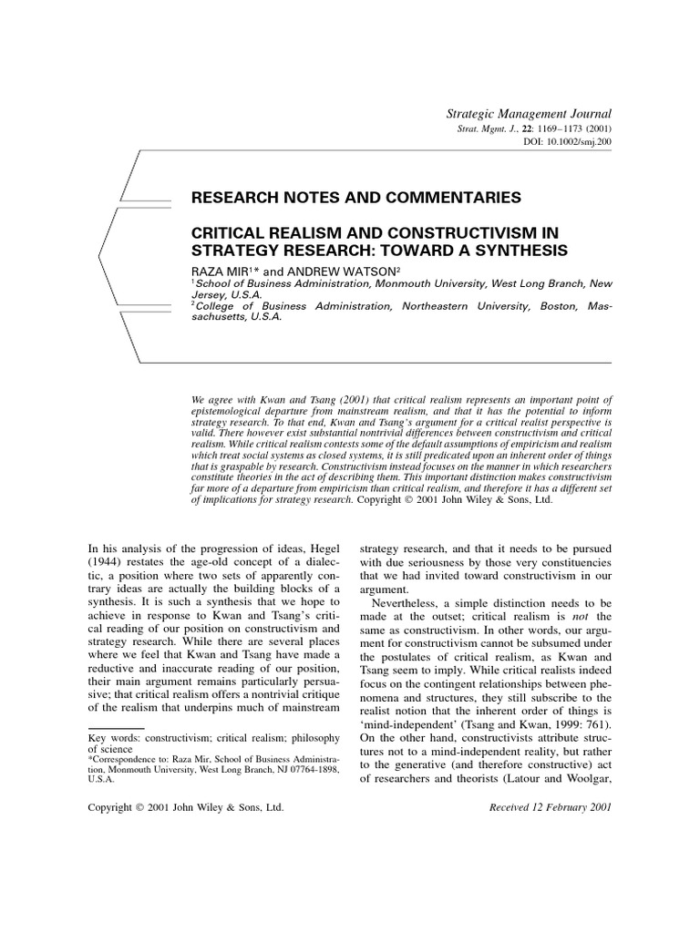 Critical Realism and Constructivism in Strategy | PDF | Reality | Theory