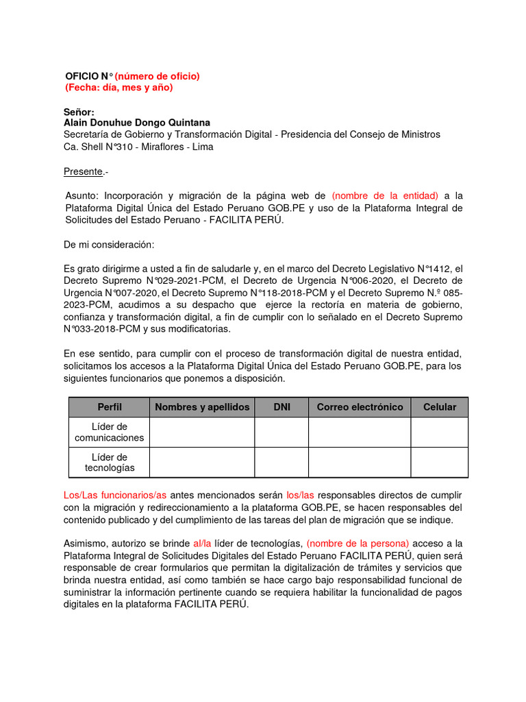 Modelo de Oficio para Obtener Accesos A Gob - Pe y Facilita | PDF