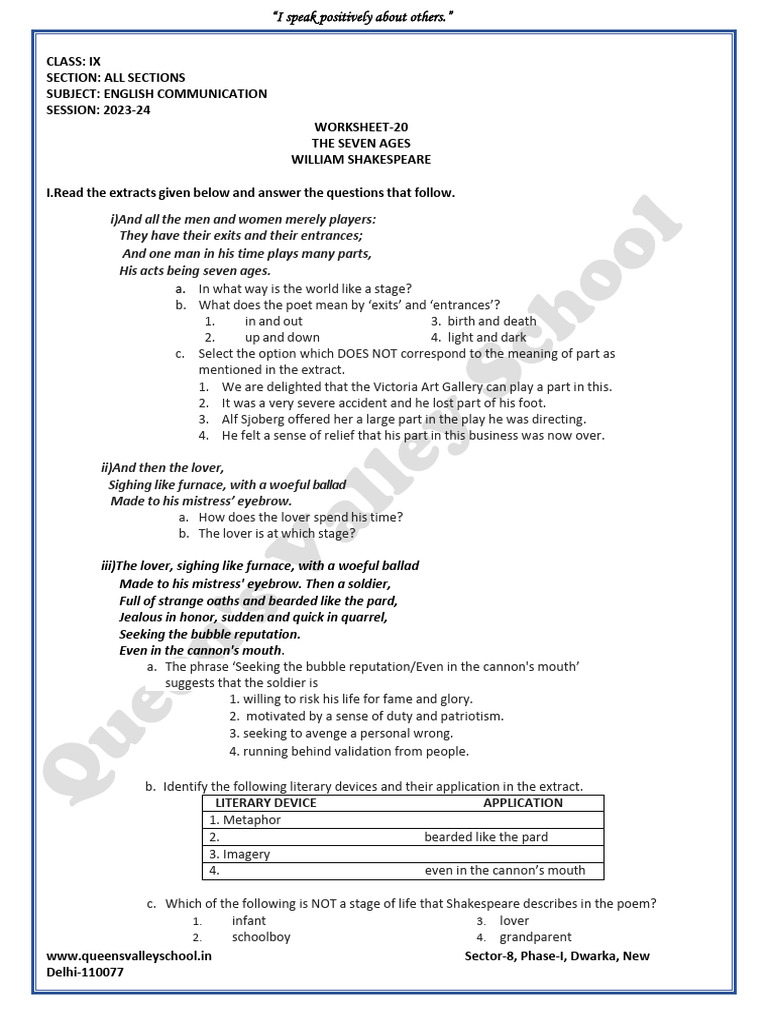 Class Ix Worksheet English The Seven Ages | PDF