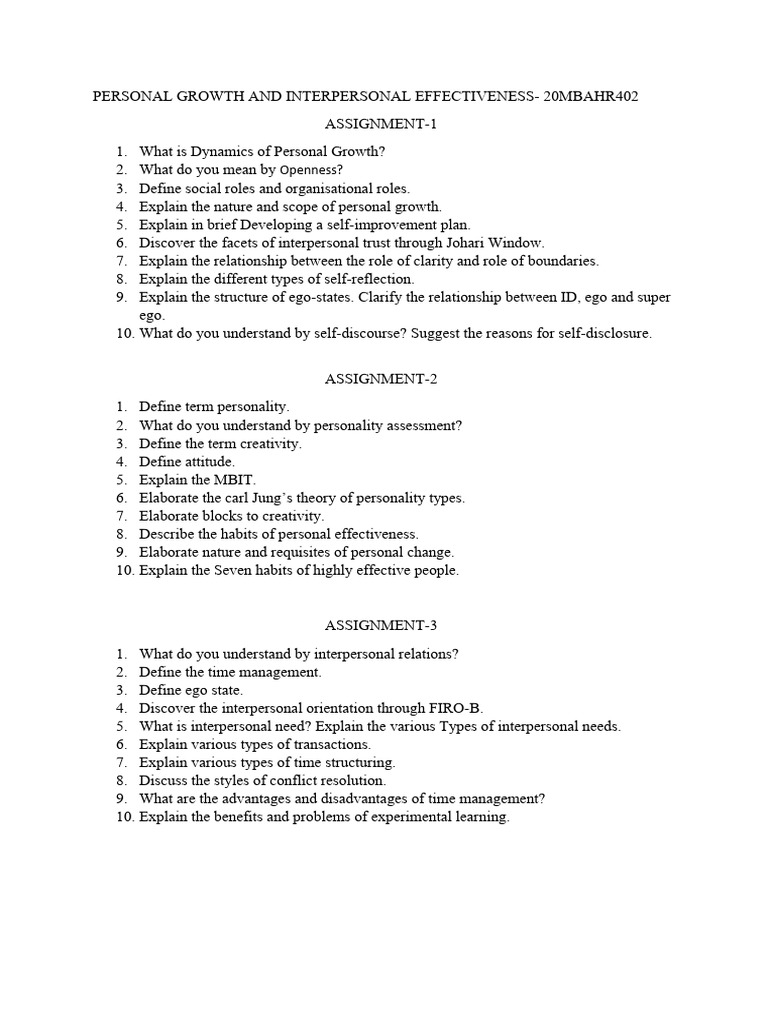 PERSONAL GROWTH AND INTERPERSONAL EFFECTIVENESS Assignment | PDF