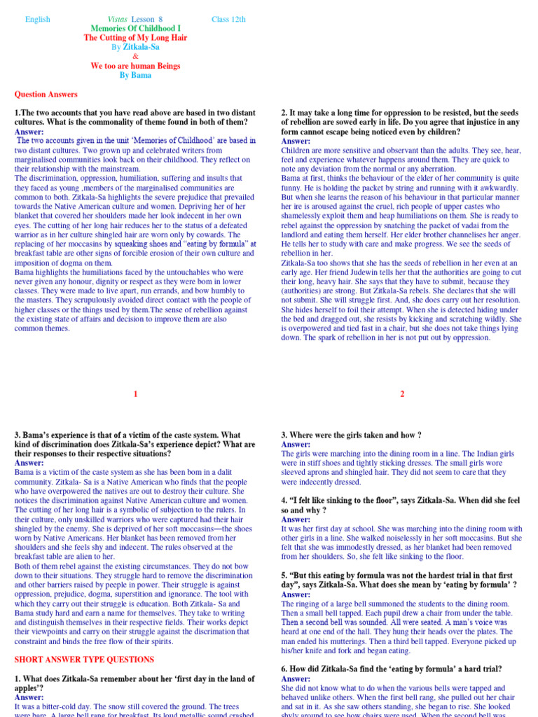 Class 12th L 8 Prose Vistas Memories of Childhood Q & A | PDF