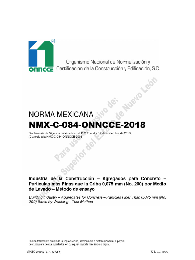 NMX-C-084-ONNCCE-2018 Lavado | PDF | Laboratorios | Agua