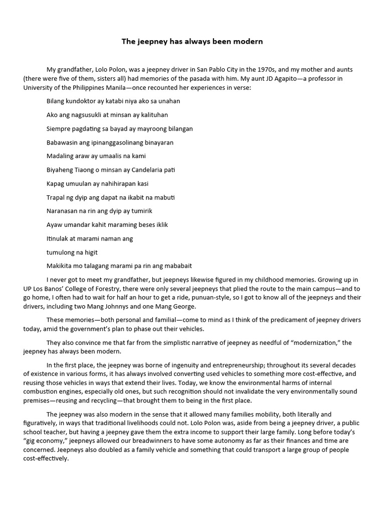 Column Example - Jeepney Modernization | PDF | Economies