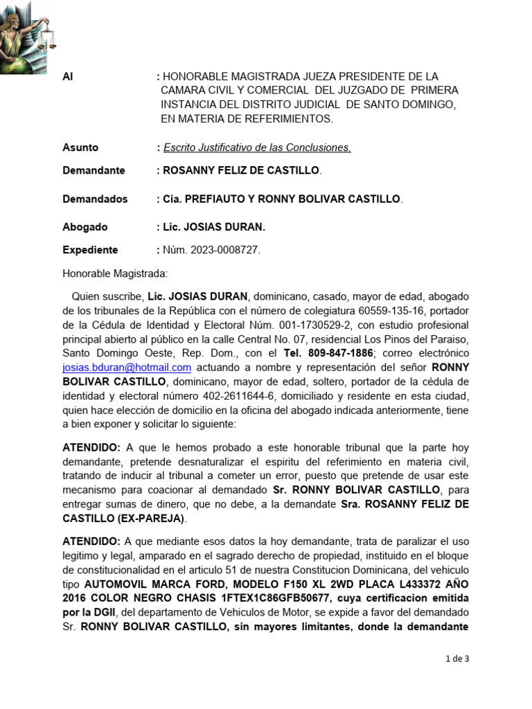 Escrito Justificativo de Las Conclusiones, Caso Ronny Castillo Vs ...