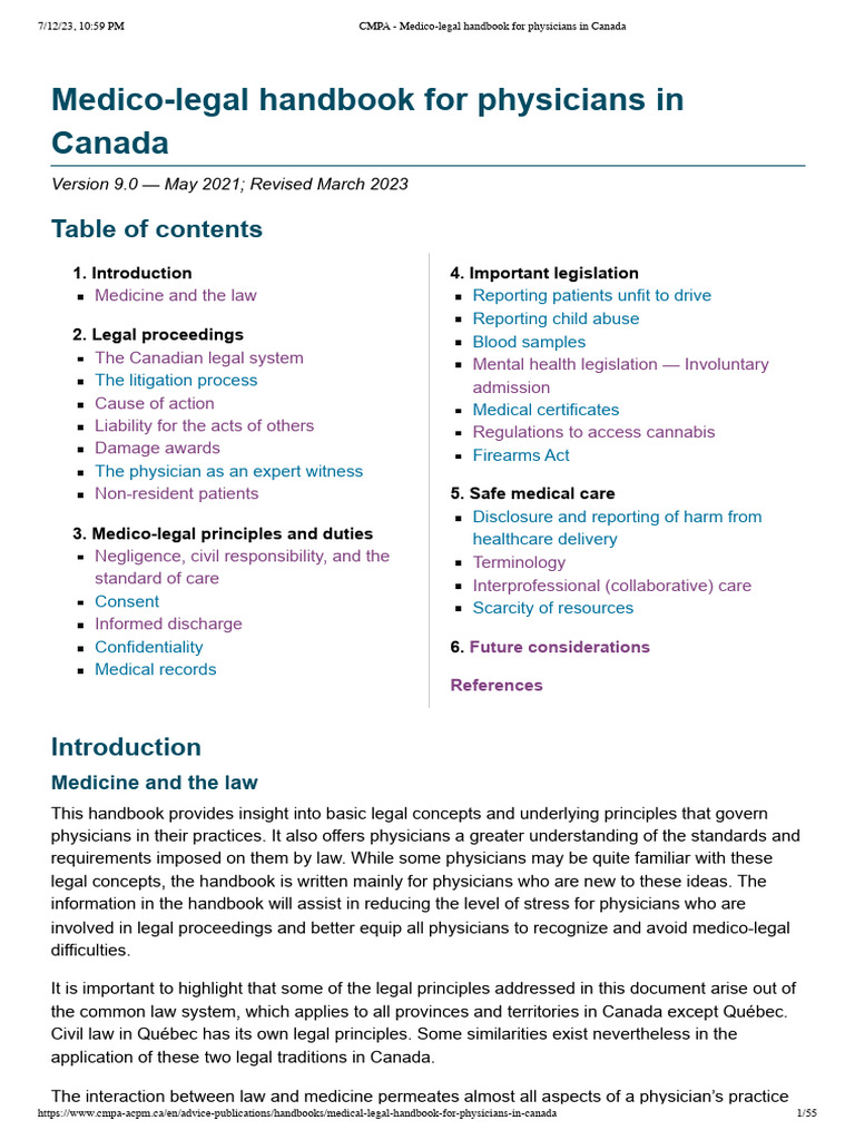 CMPA - Medico-Legal Handbook For Physicians in Canada | PDF | Lawsuit ...