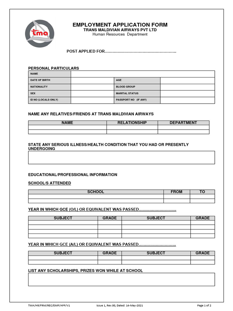 Employment Application Form: Human Resources Department | PDF
