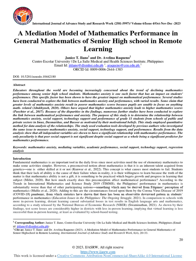 A Mediation Model of Mathematics Performance in General Mathematics of ...