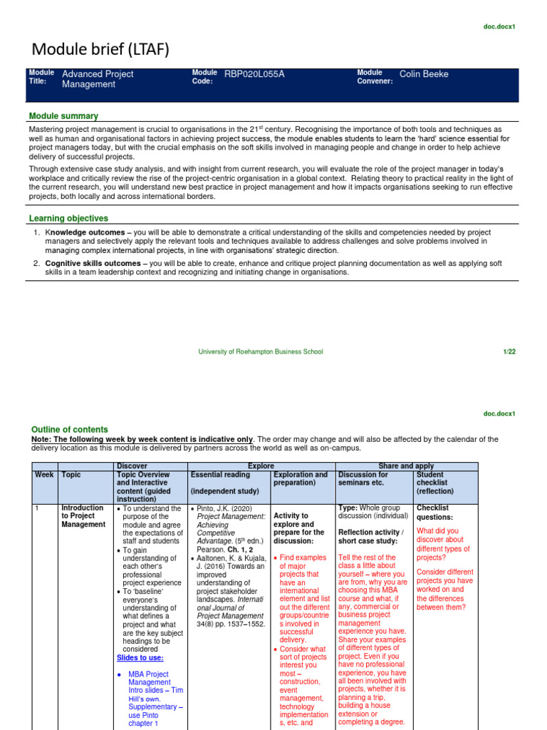 RBP020L055A Advanced Project Management LTAF and Assignment 2023-24 CB1 ...