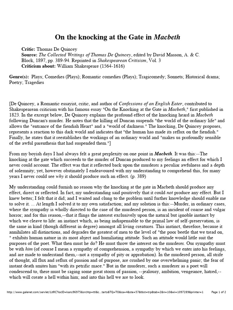 On Knocking at The Gate by Thomas de Quincey | Download Free PDF ...