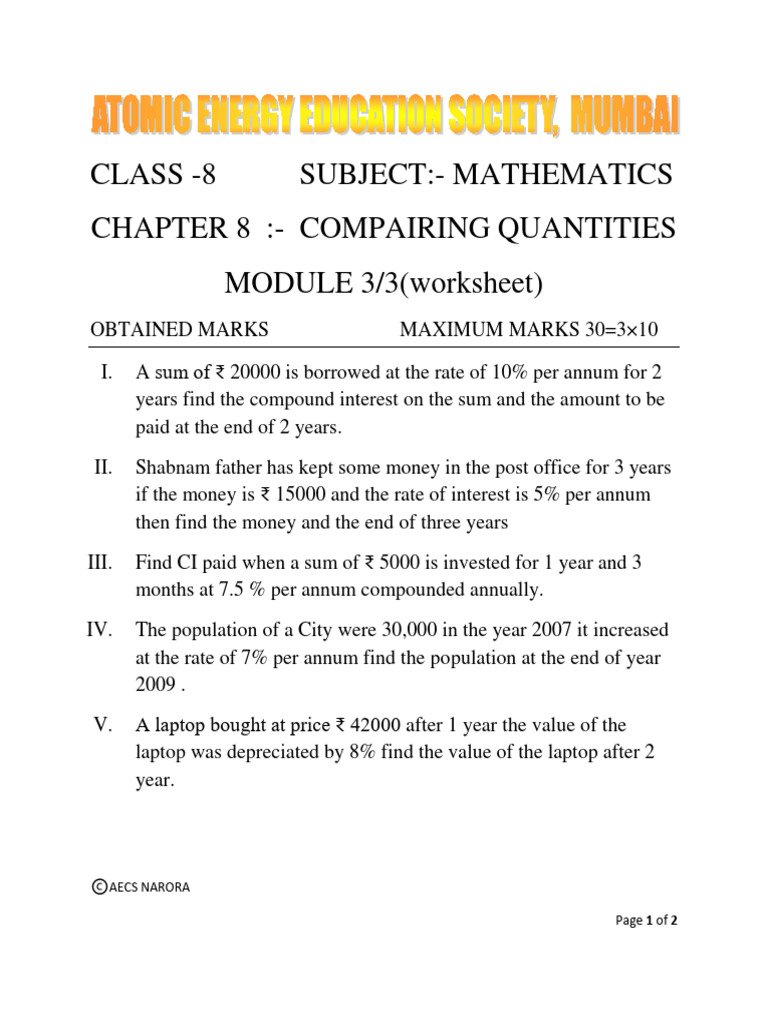 Viii Mat l08 m03 Comparing Quantities Worksheet | PDF