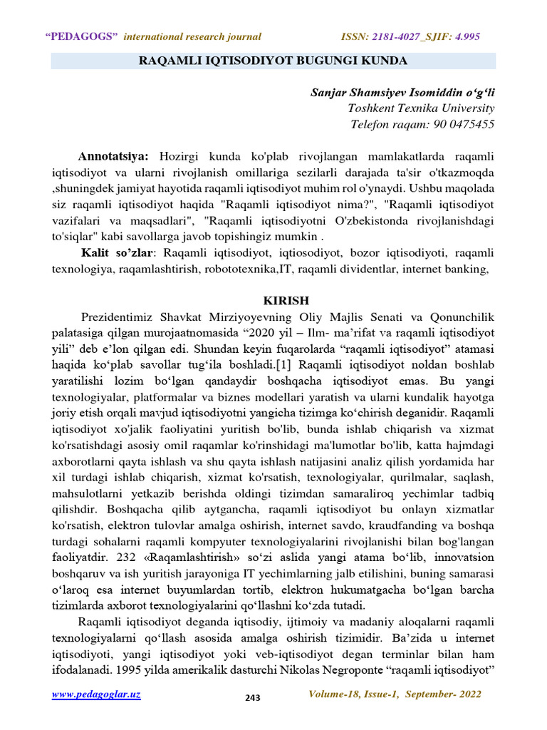 Raqamli Iqtisodiyot Bugungi Kunda: Sanjar Shamsiyev Isomiddin o G Li | PDF