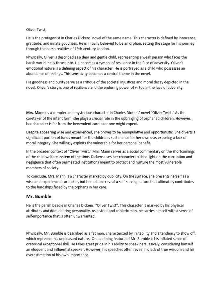 Oliver Twist Character Sketch | PDF | Oliver Twist | Social Psychology