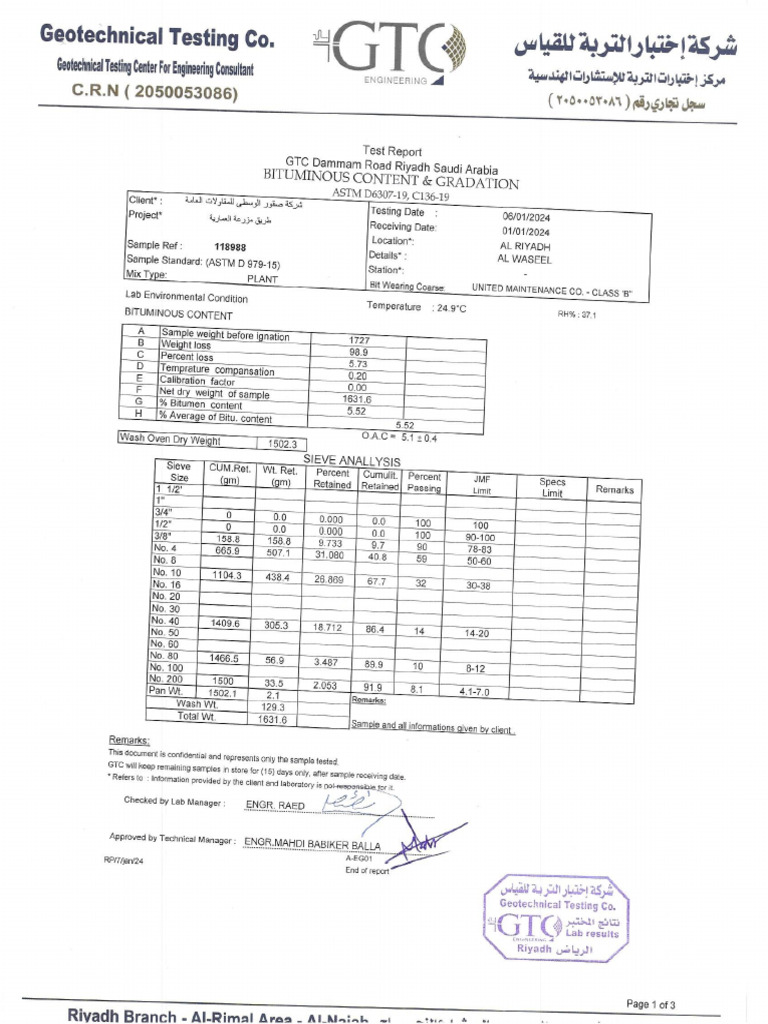 Saquor Al Wusta Cont. Asphalt Core +asphalt Sample 118988 | PDF