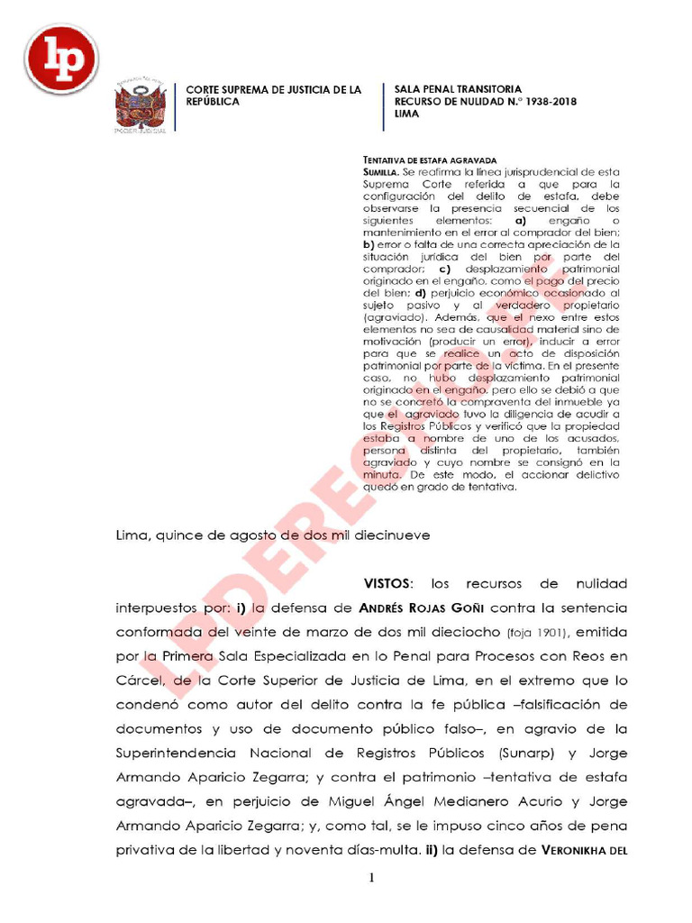Recurso de Nulidad 1938 2018 Lima LPDerecho | PDF Recurso de Nulidad 1938 2018 Lima LPDerecho | PDF